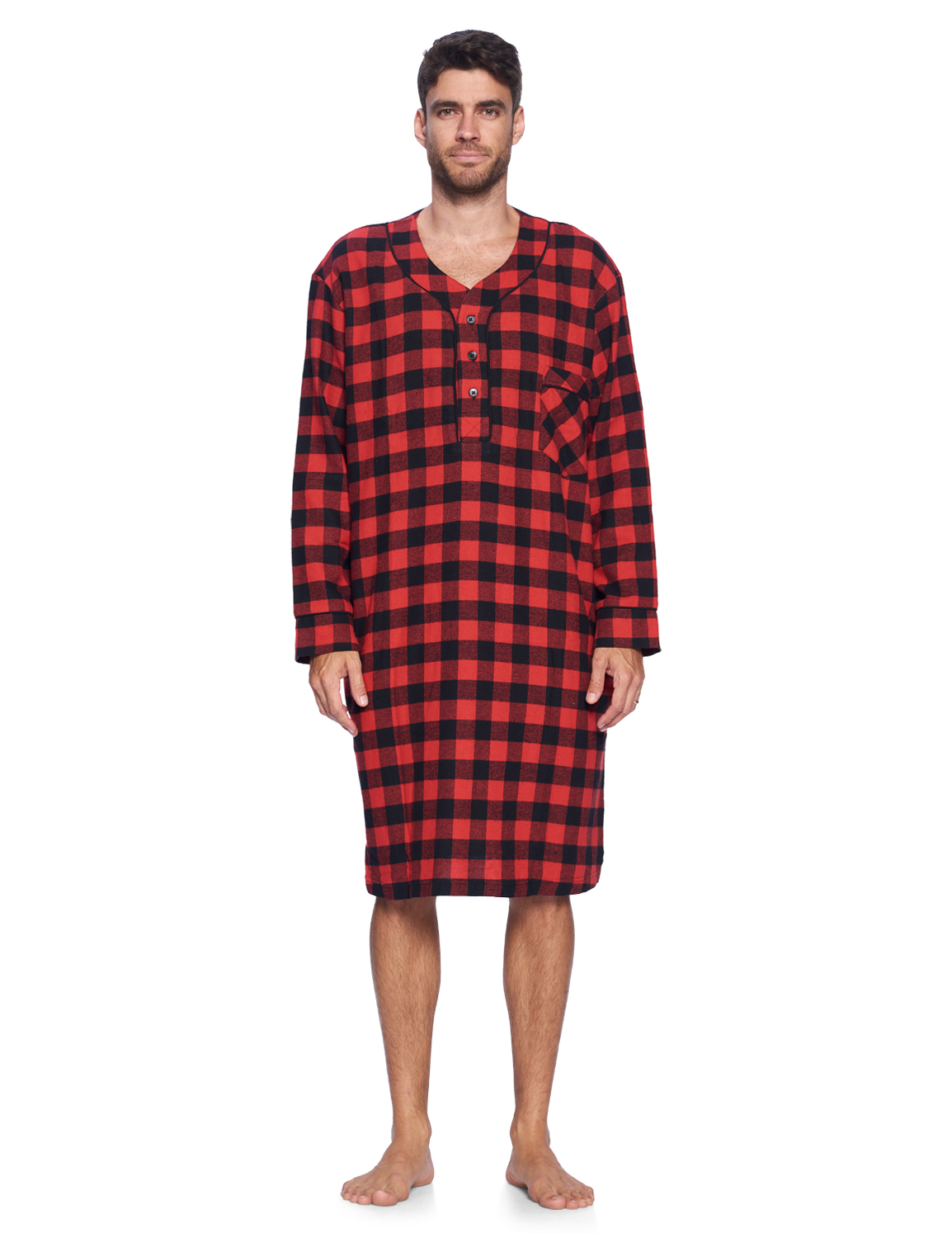 Ashford Brooks Mens Flannel Plaid Long Sleep Shirt Henley Nightshirt Red Check